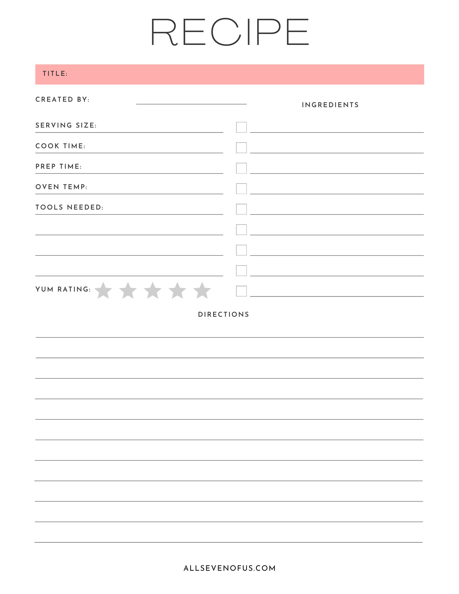 Printable Recipe Template, 8 Colors Available. - Etsy