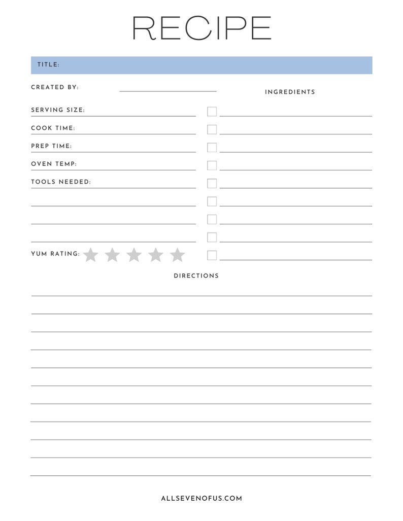 Printable Recipe Template, 8 Colors Available. - Etsy