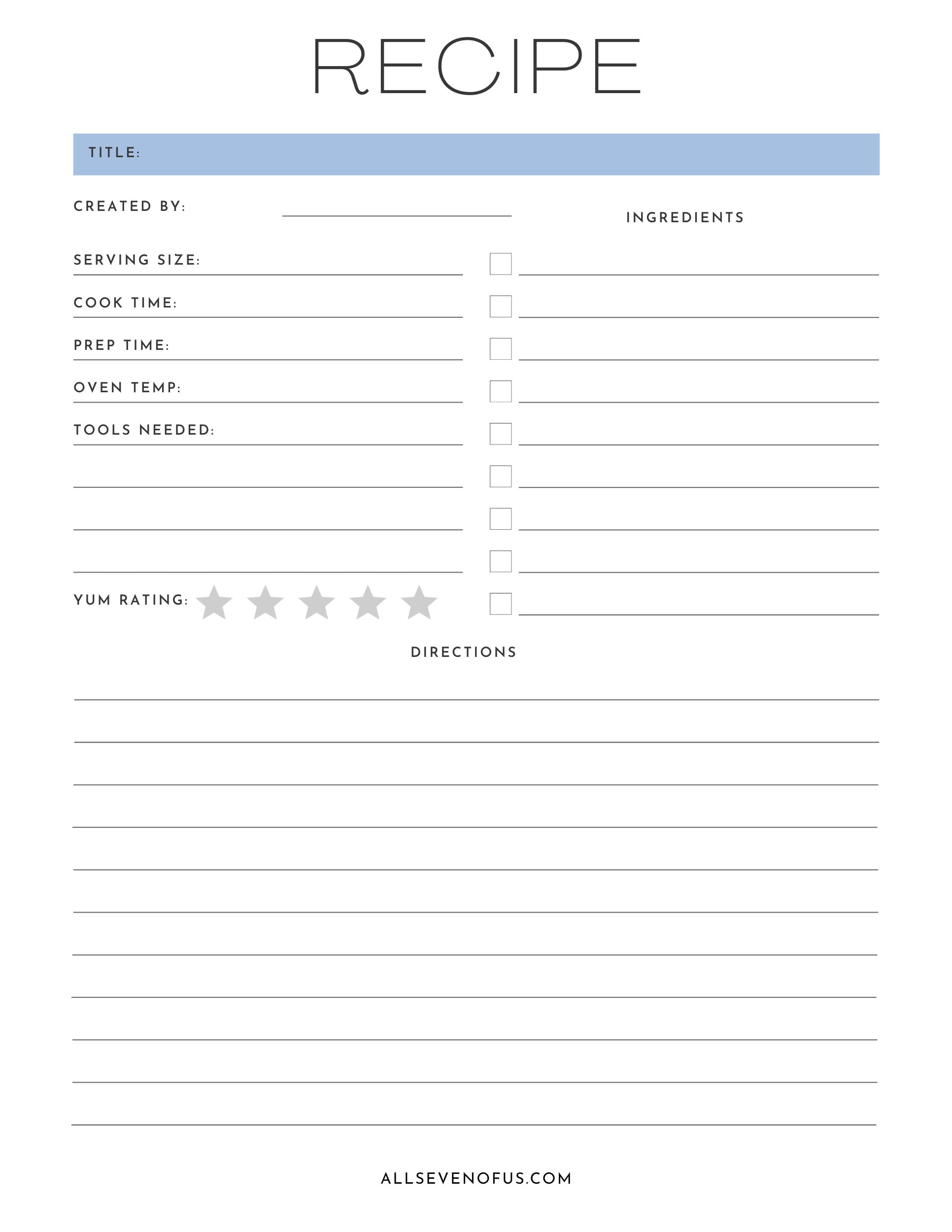 Printable Recipe Template, 8 Colors Available. - Etsy