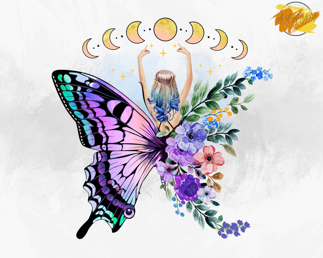 Floral Butterfly Woman PNG: Retro Moon Fairy Design (digital Download ...