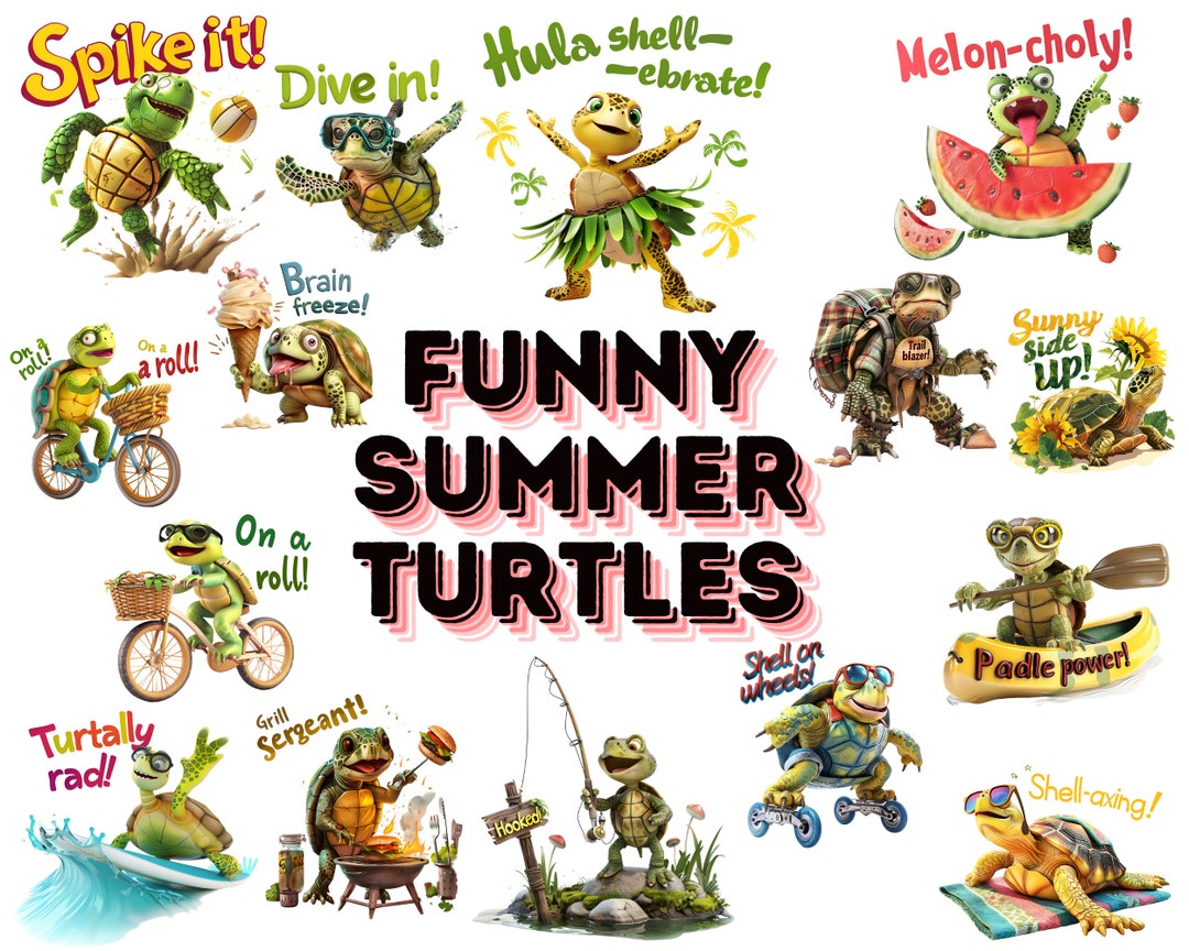 Funny Summer Turtles Bundle PNG - Cute Turtle Graphics, Watercolor ...