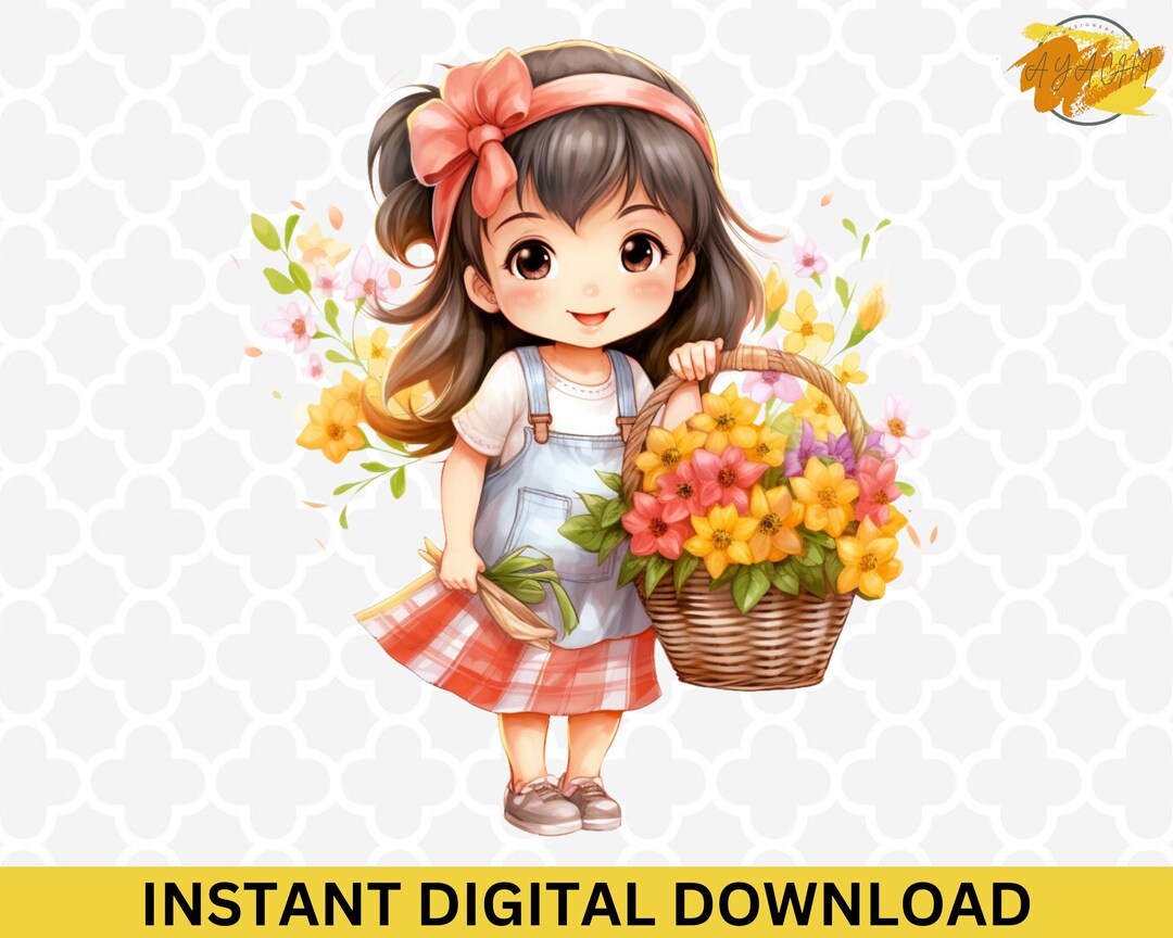 Watercolor Spring Girl Clipart: Flowers, Pink Graphics (PNG Digital ...