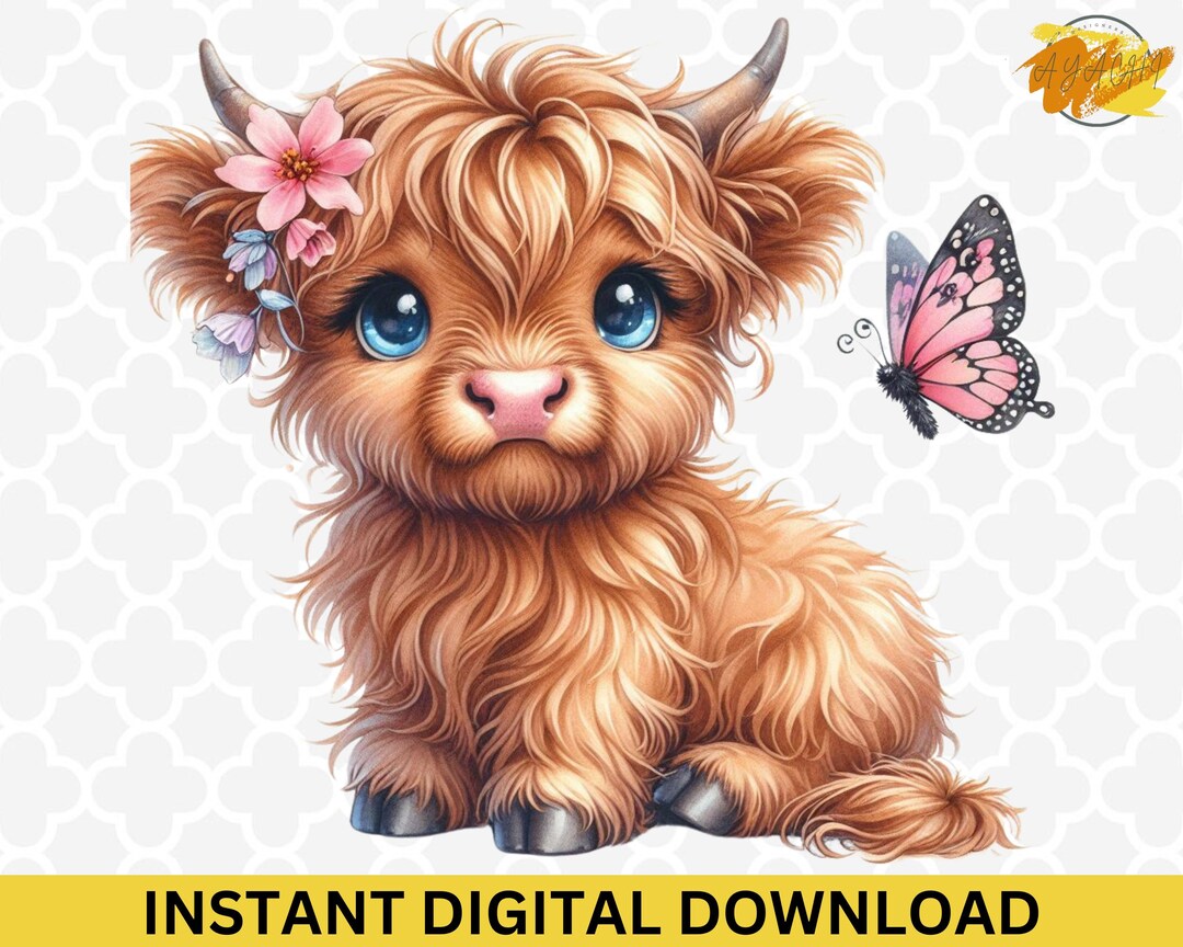 Highland Cow PNG – Butterfly Clipart, Cartoon Animal (digital Download ...