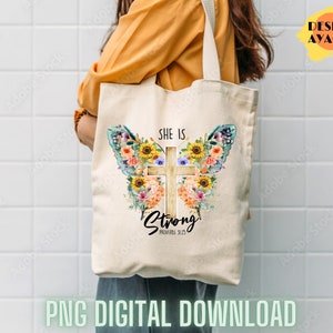 She is Strong PNG – Christian Bible Verse, Floral Cross (digital ...