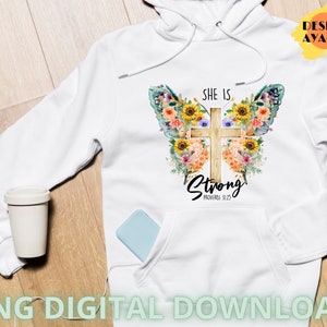 She is Strong PNG – Christian Bible Verse, Floral Cross (digital ...