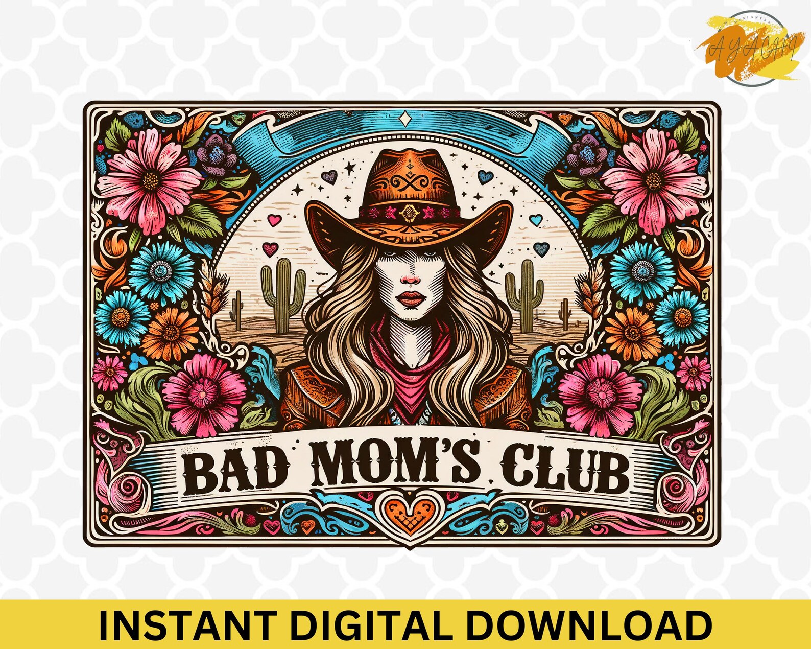 Retro Cowgirl Clipart: Sassy Floral Western Design (PNG Digital ...