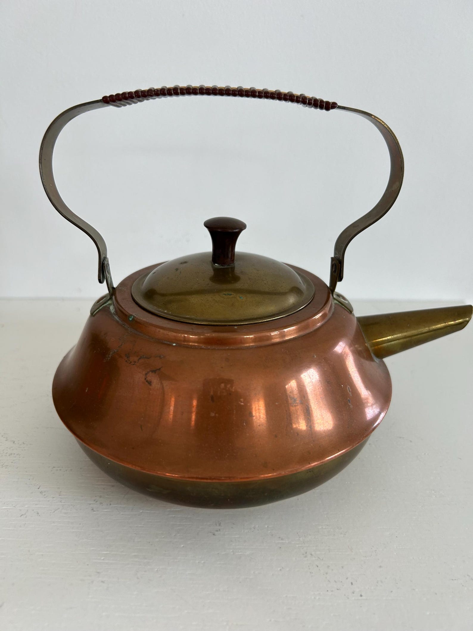 Vintage Copper and Brass Tea Pot Kettle Wrap Slant Handle, Made in ...