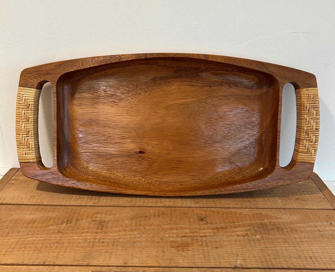 Vintage Carabao Monkey Pod Tray W/rattan Wrapped Handles | Made in the ...