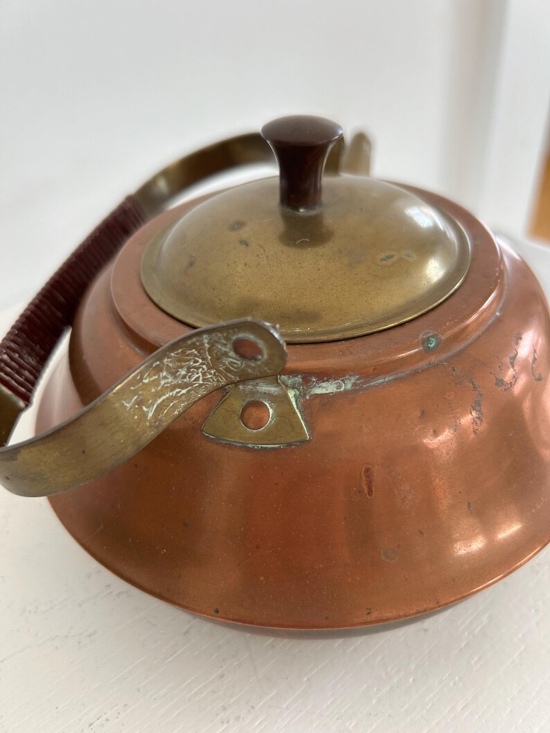 Vintage Copper and Brass Tea Pot Kettle Wrap Slant Handle, Made in ...