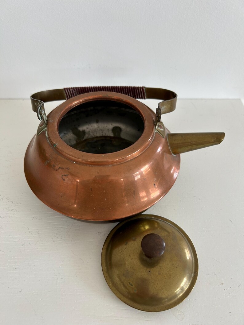 Vintage Copper and Brass Tea Pot Kettle Wrap Slant Handle, Made in ...