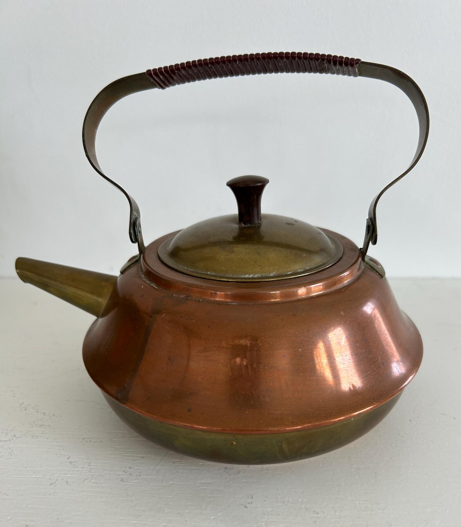 Vintage Copper and Brass Tea Pot Kettle Wrap Slant Handle, Made in ...