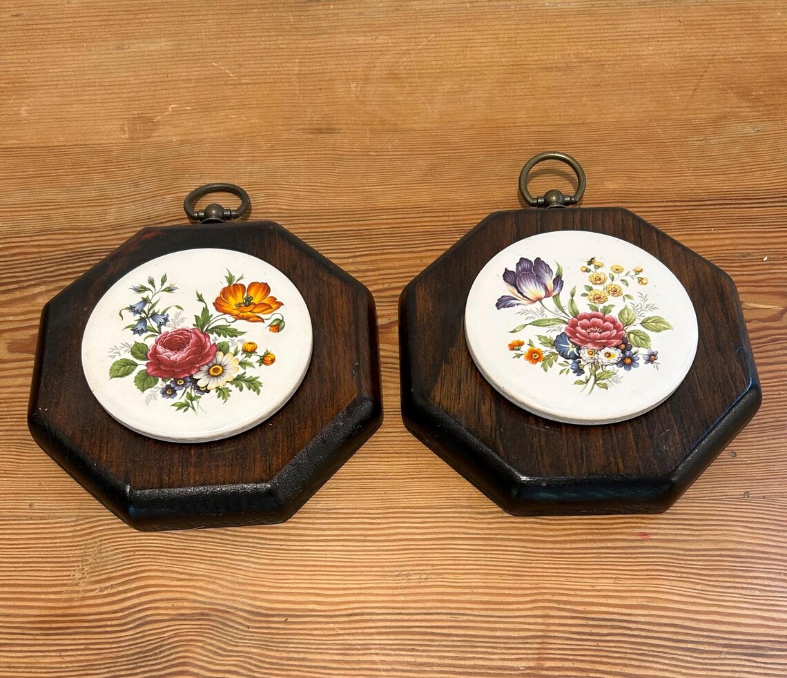1960's Handcrafted Jerry Schultz Floral Ceramic Tiles / Plaques on Pine ...