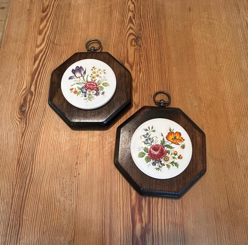 1960's Handcrafted Jerry Schultz Floral Ceramic Tiles / Plaques on Pine ...