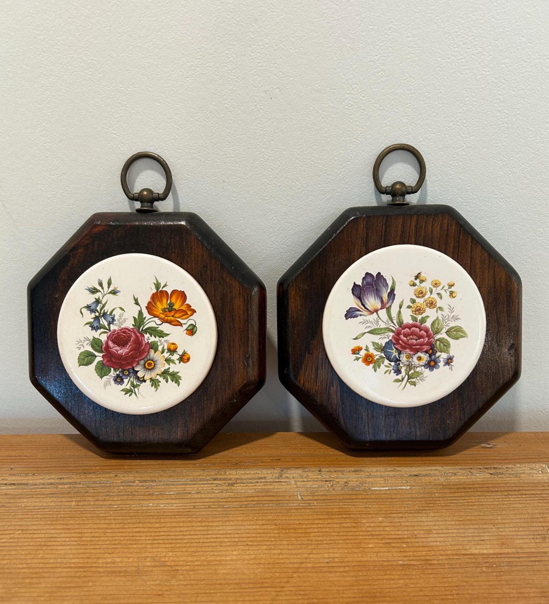 1960's Handcrafted Jerry Schultz Floral Ceramic Tiles / Plaques on Pine ...