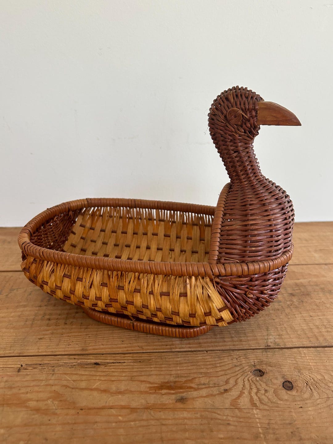 Vintage Wicker Duck Shaped Basket With Wood Button Eyes and Carved Wood ...
