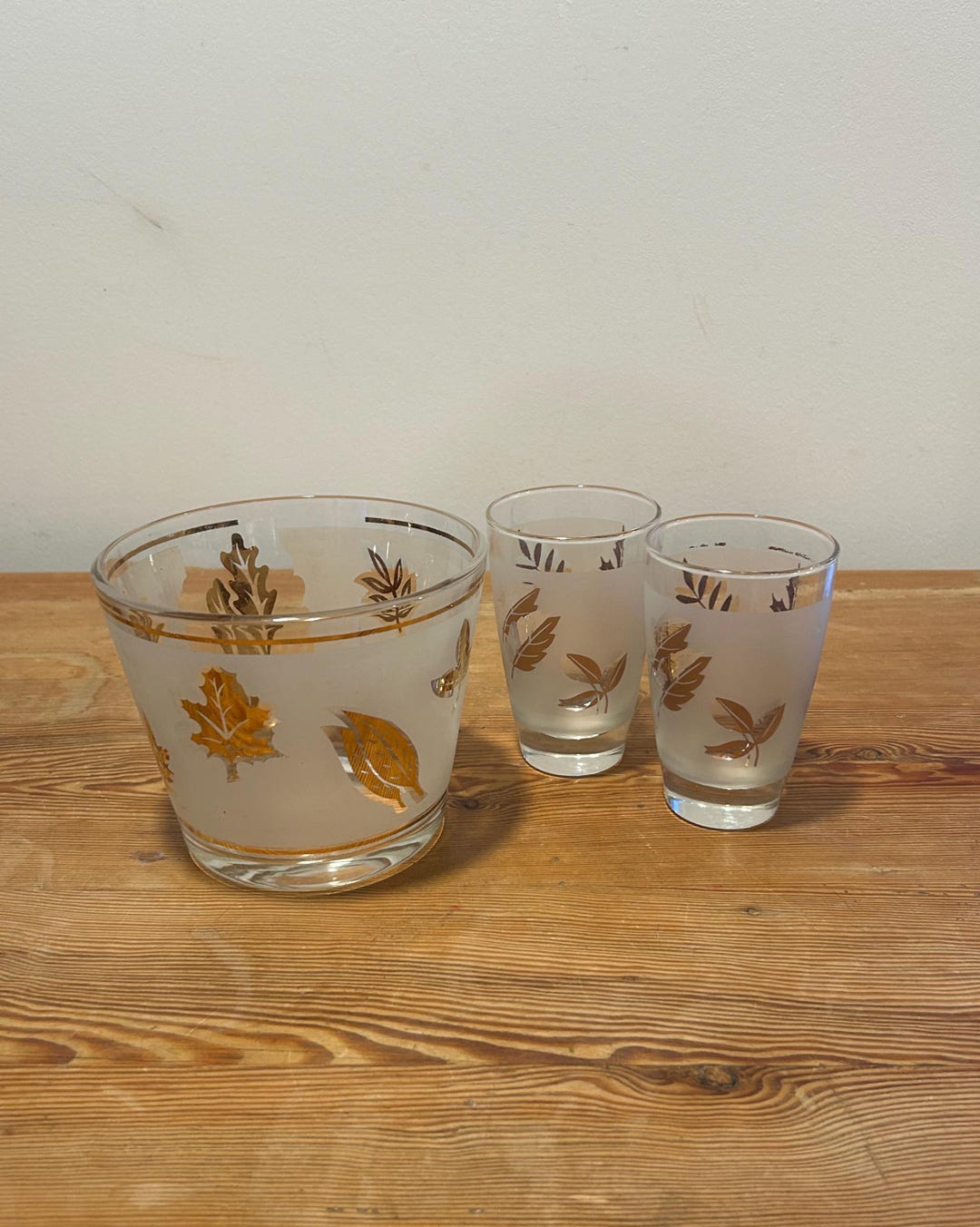 MCM Libbey Starlyte Frosted Glass Golden Foliage Ice Bucket & 2 Tumbler ...