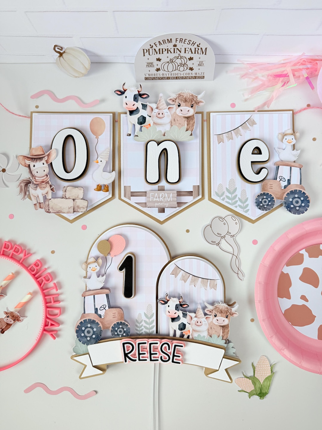 Pink Farm Animals Cake Topper, Modern Barnyard Birthday Decor Little ...