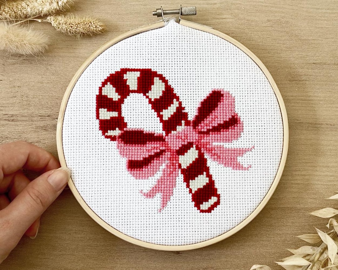 Candy Cane Cross Stitch Pattern – Festive Christmas Embroidery With Bow ...