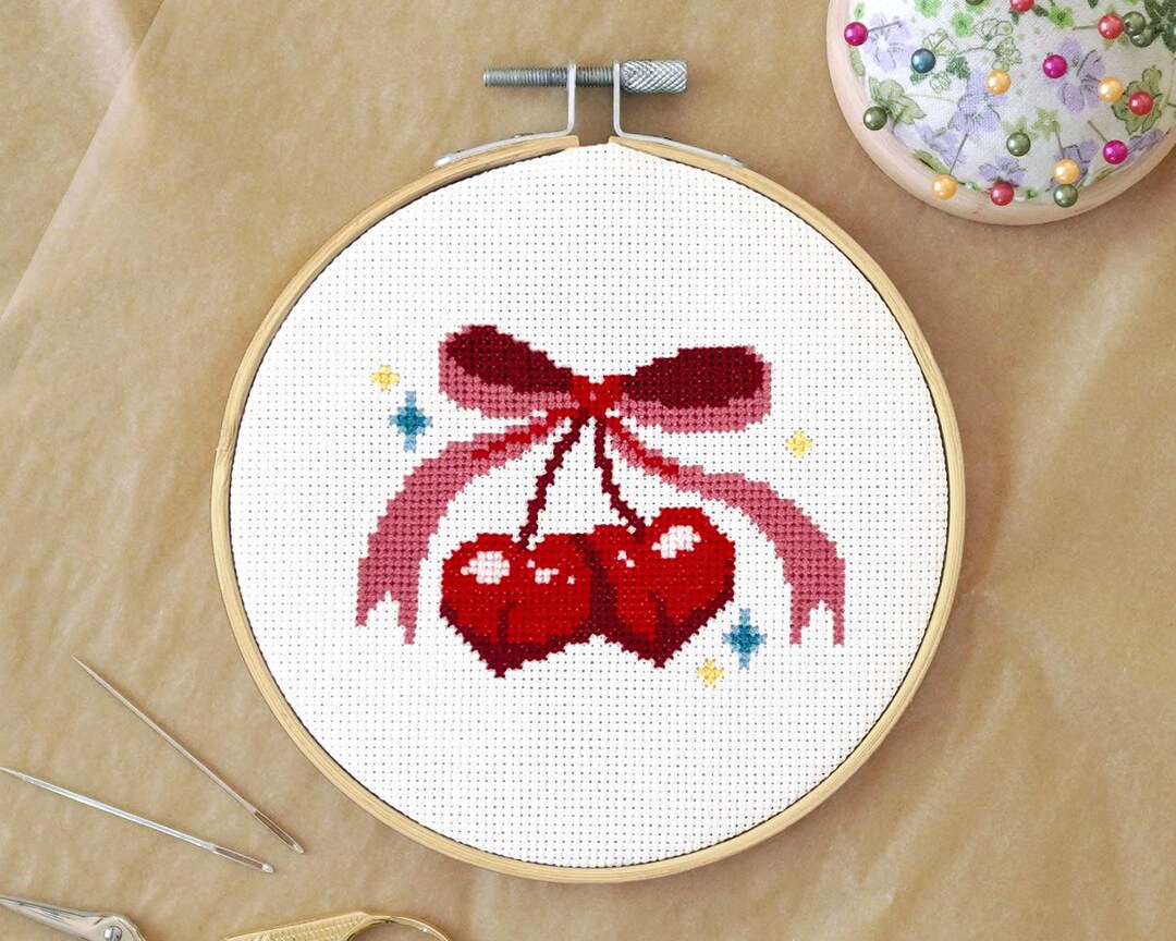 Heart-shaped Cherry Cross Stitch Pattern – Cute Bow & Sparkles ...