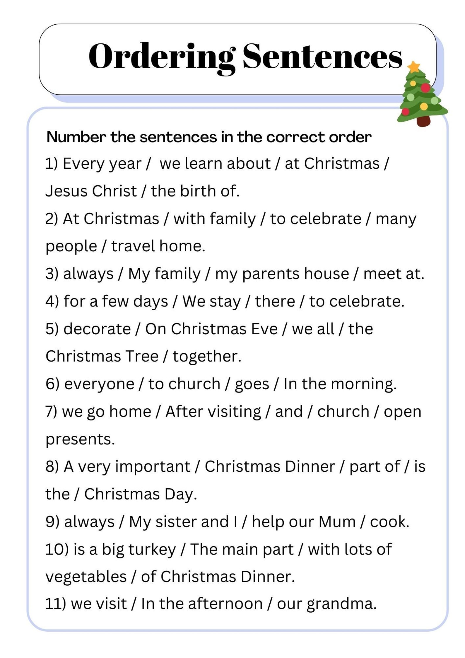Ordering Sentences ESL Worksheet - Christmas Edition - Etsy
