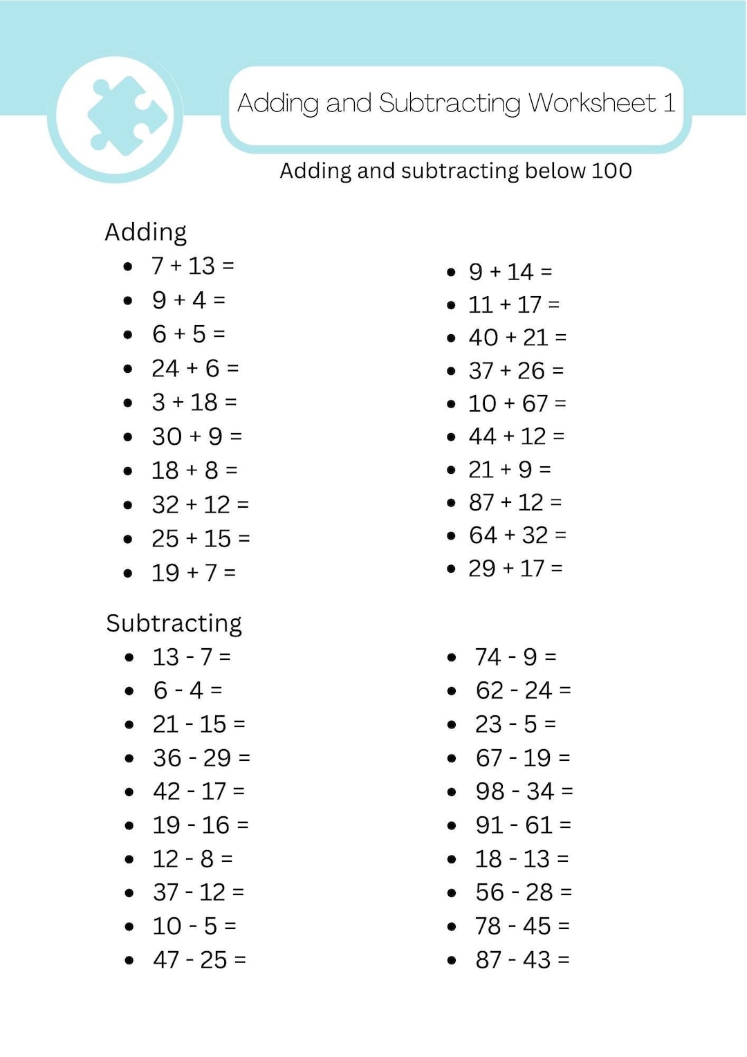 Mathematics Worksheet - Adding and Subtracting Below 100 - 20 Addition ...