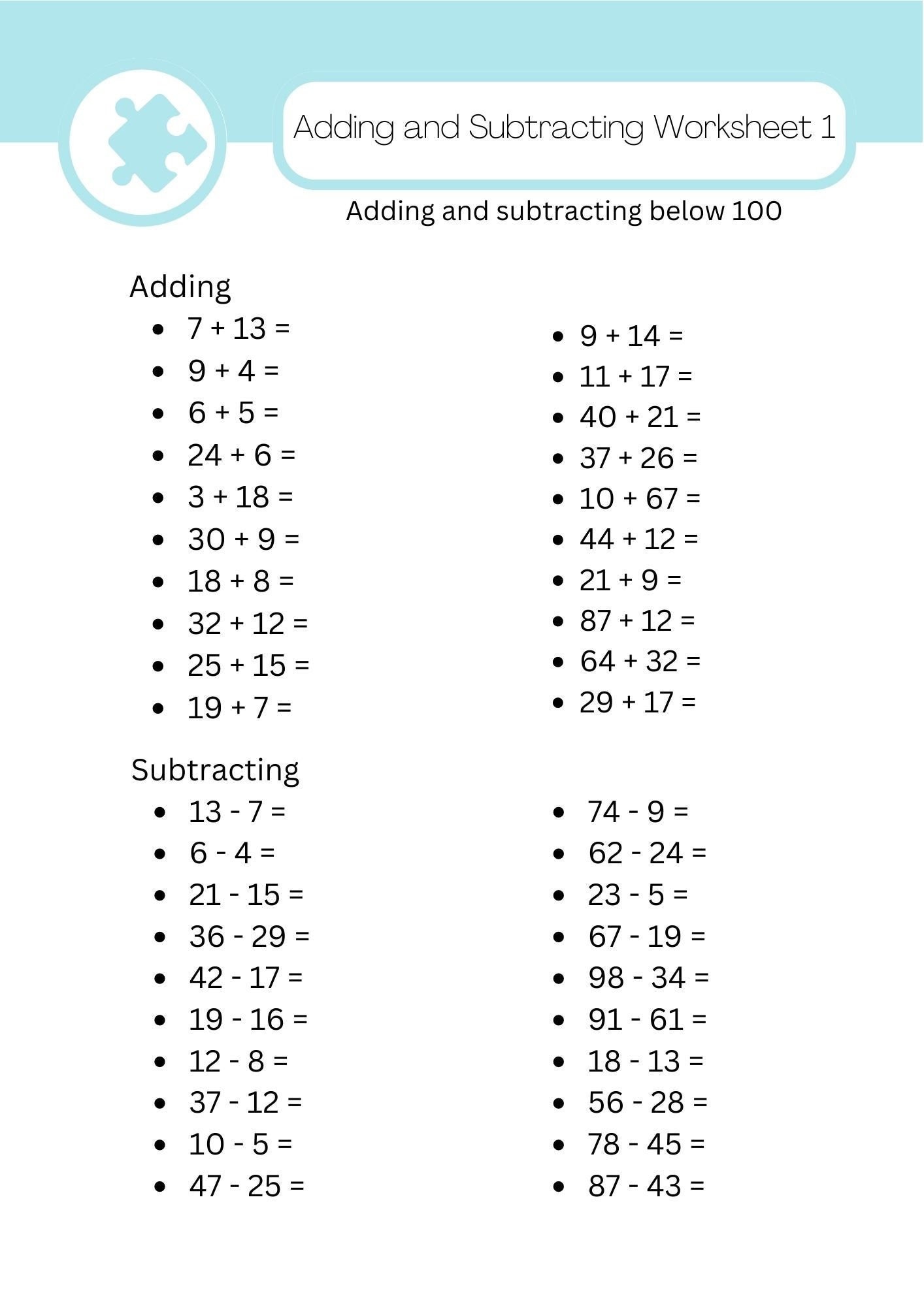 Mathematics Worksheet - Adding and Subtracting Below 100 - 20 Addition ...