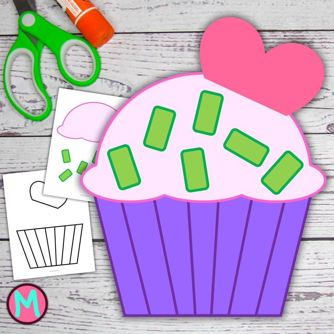 Valentine Cupcake Craft Template, Preschool Cut and Glue Craft, Cupcake ...