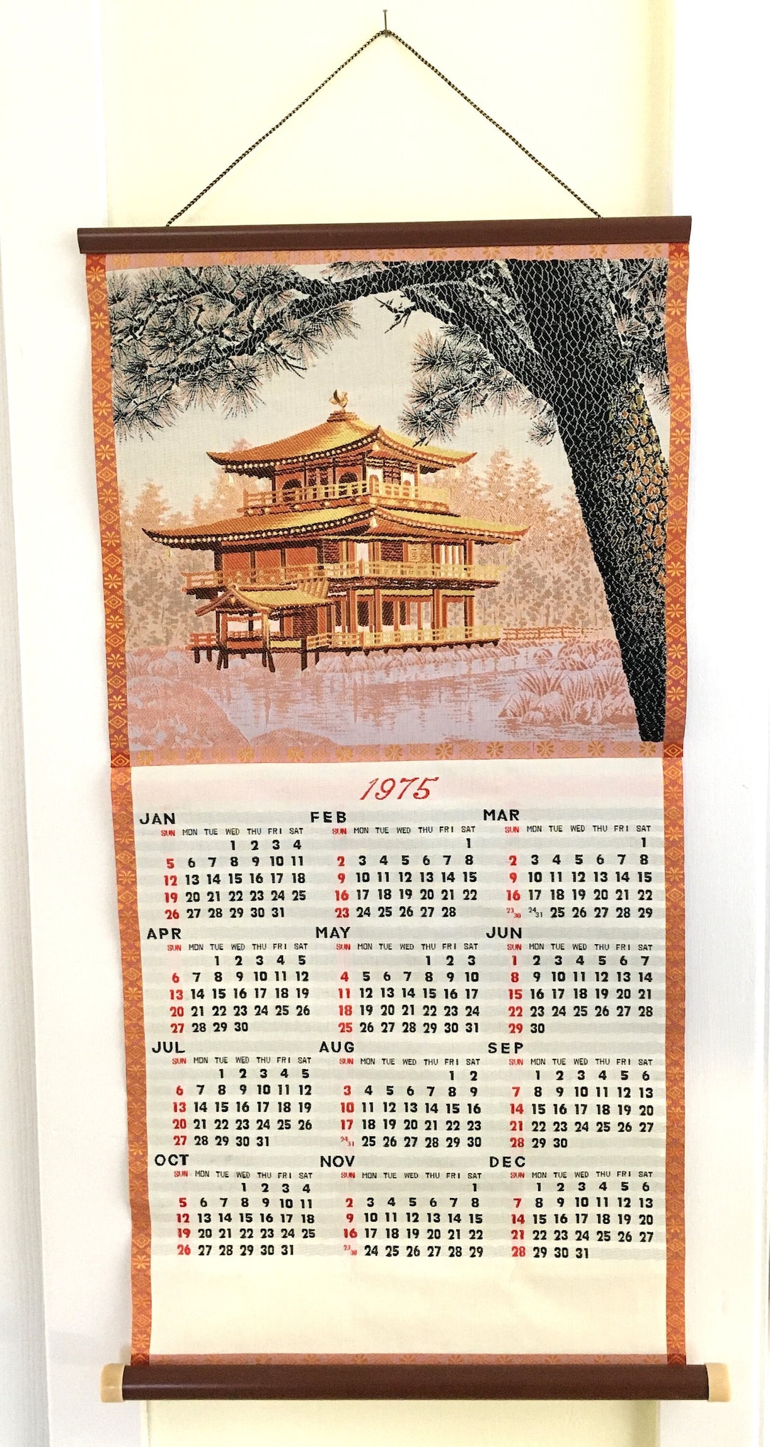 Vintage 1975 Woven Japanese Wall Calendar, Silky Embroidered Art ...