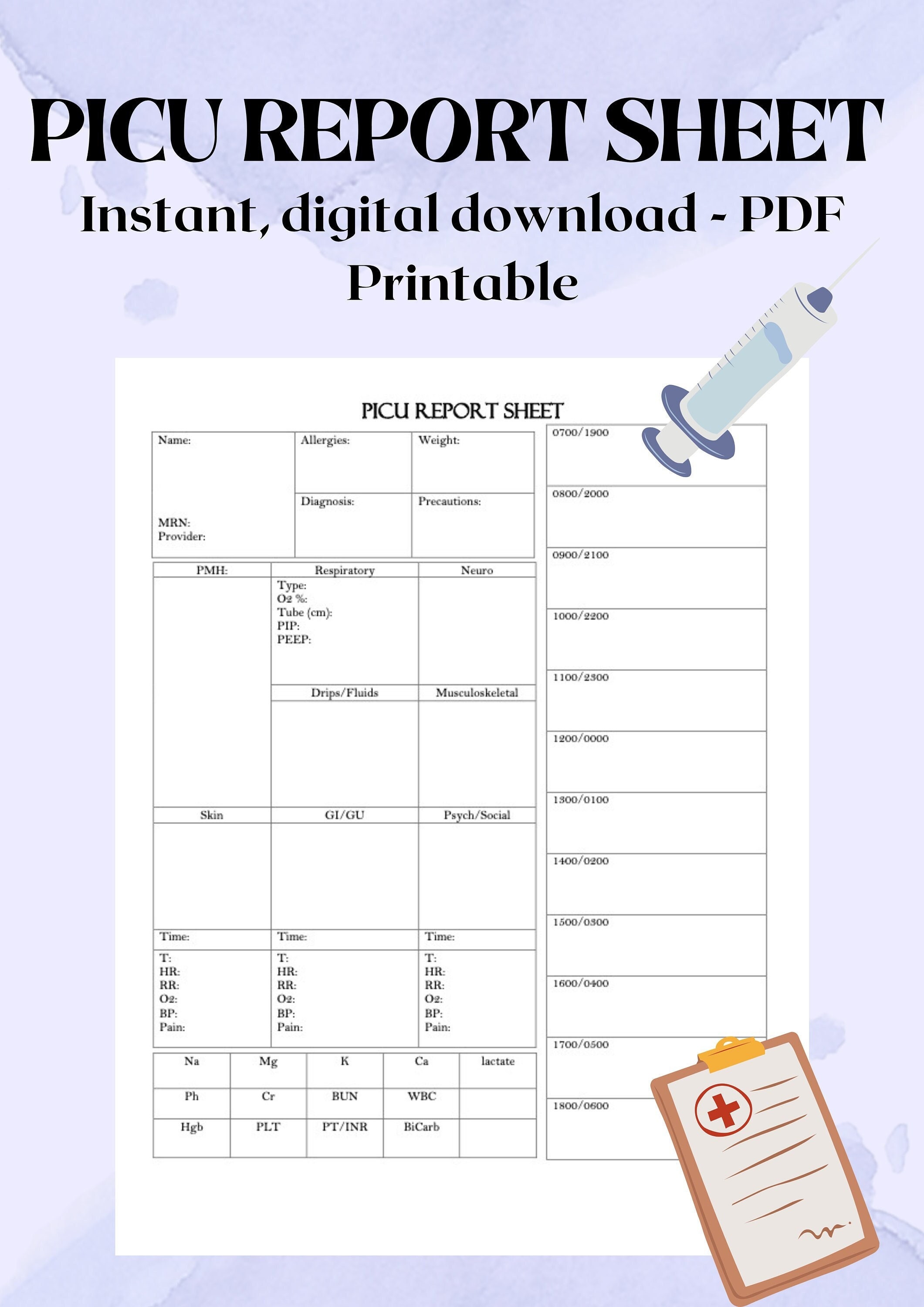 PICU Report Sheet, Instant PDF Download, Printable - Etsy