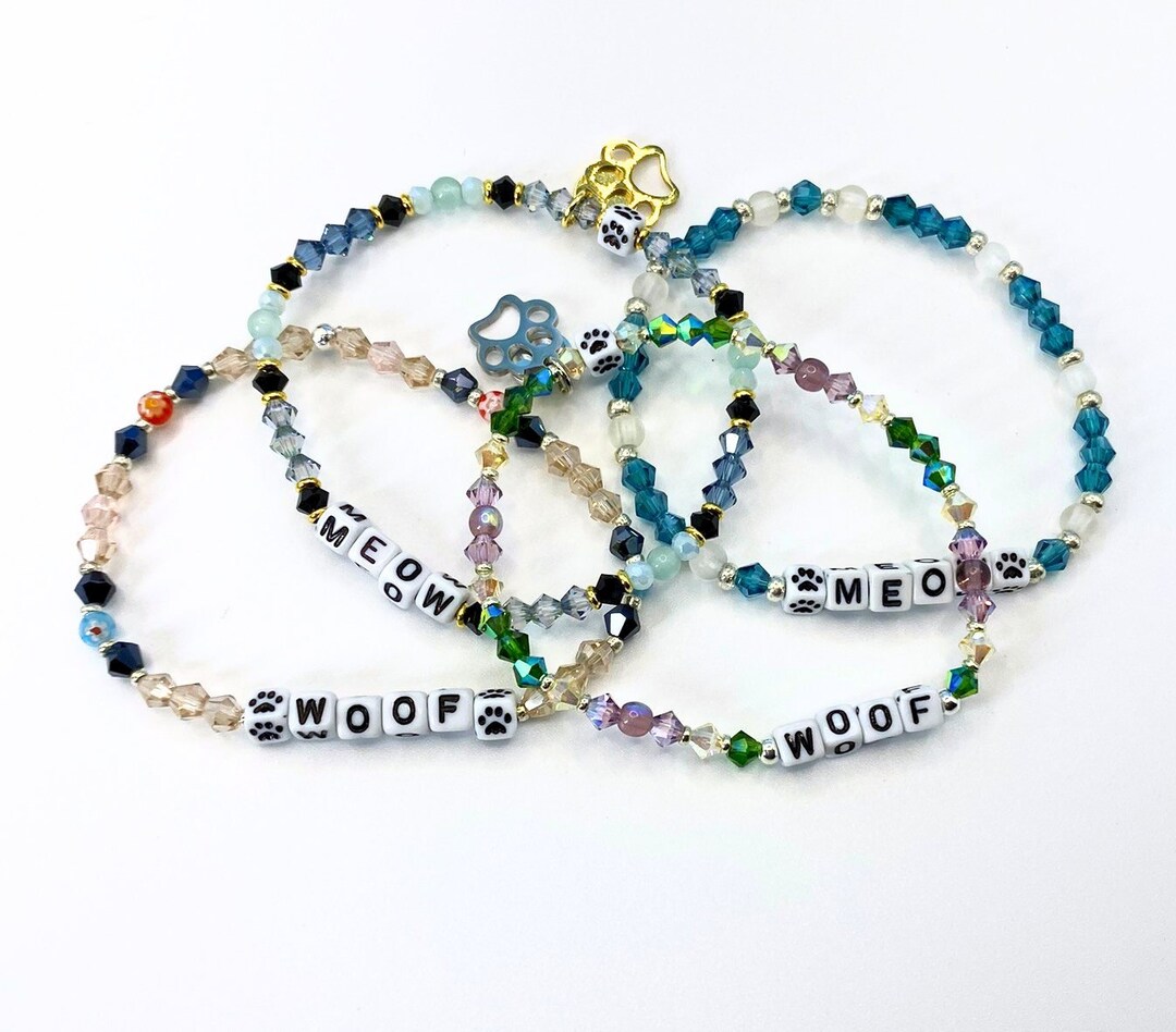 WOOF/MEOW Customizable Beaded Elastic Stretchy Bracelet | Dog and Cat ...
