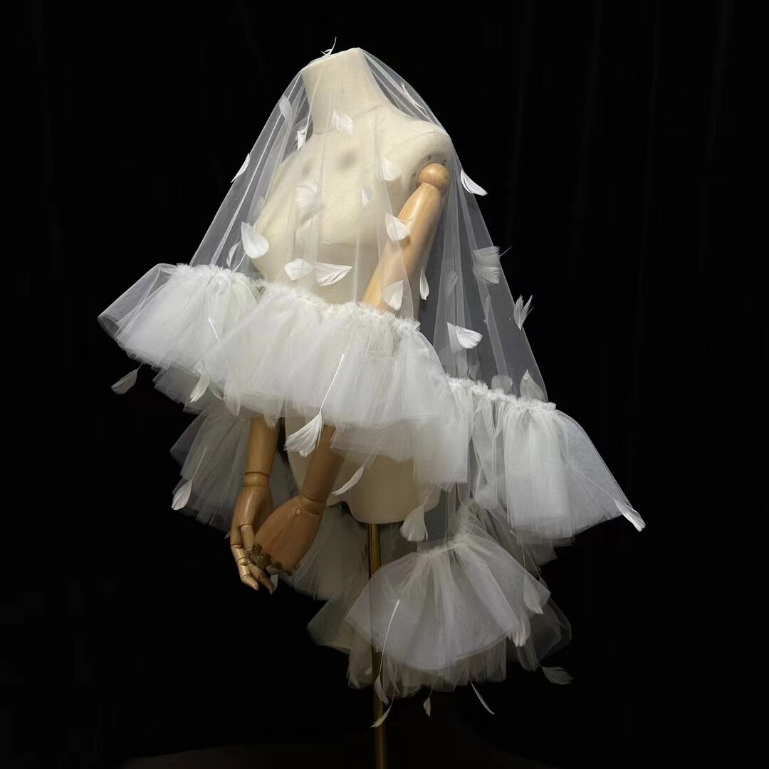 Unique Modern Veil With Ruffle Trim Frill Edge, Ivory Puffy Veil, Drop ...
