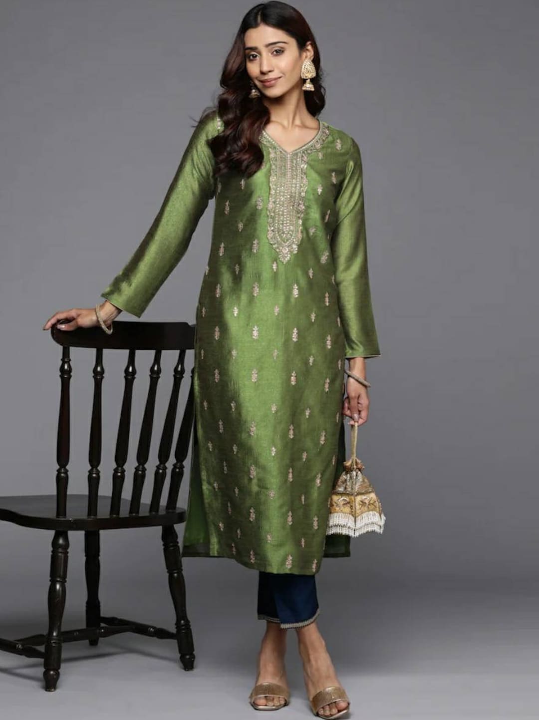 Indian Party Wear Dress for Women Green Embroidered Silk Hyper Texture ...