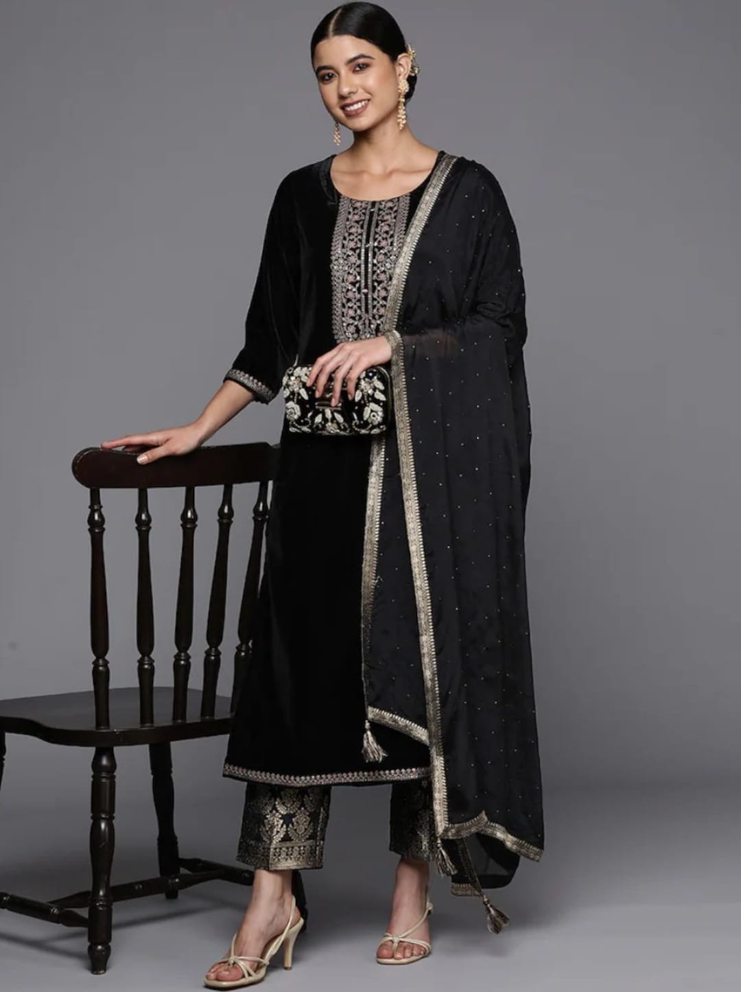 Velvet Kurta Sets for Women - Black Motifs Embroidered Kurta With ...