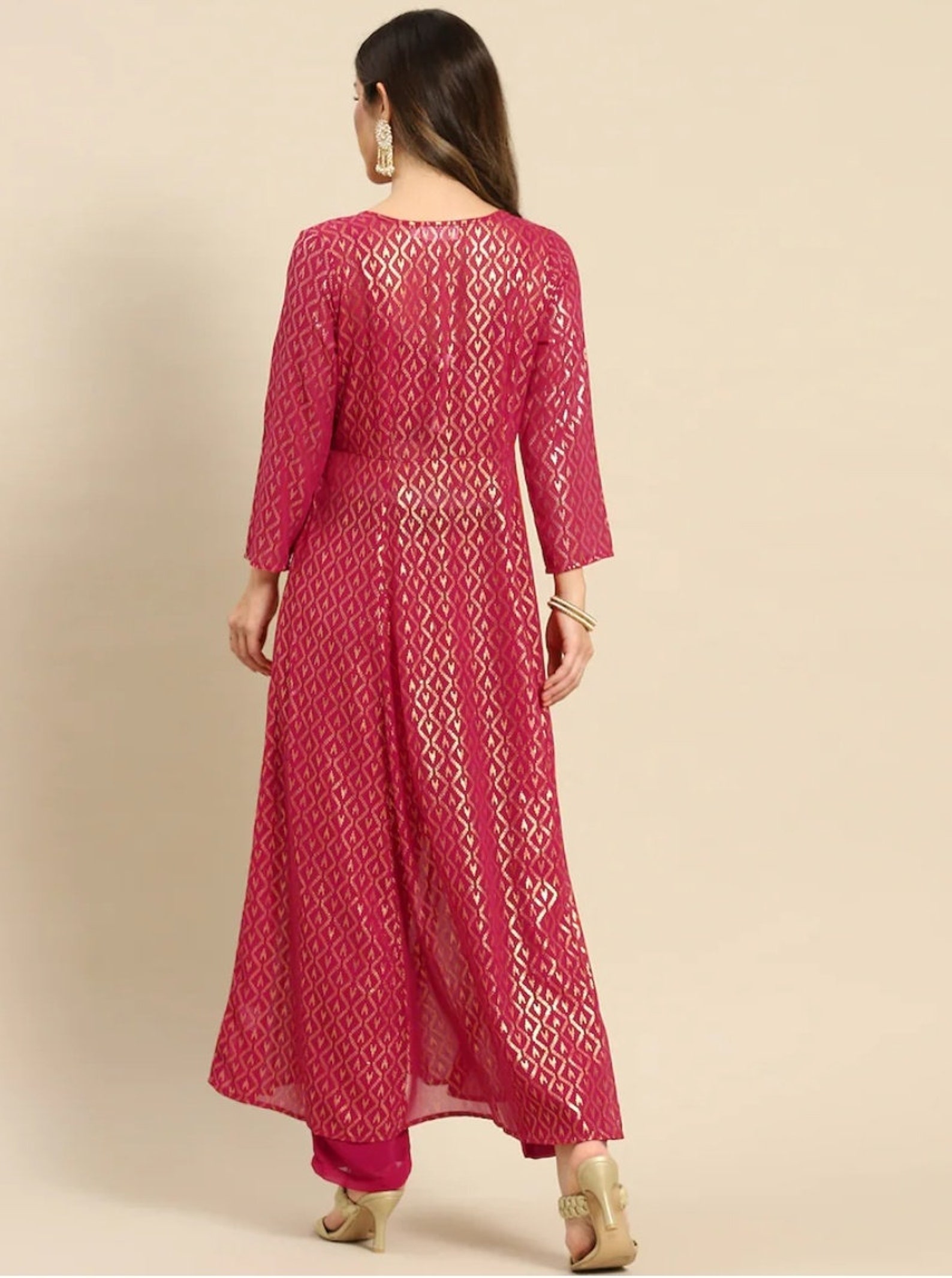 Party Wear Dress Magenta Self-design Top With Solid Palazzos Indo ...