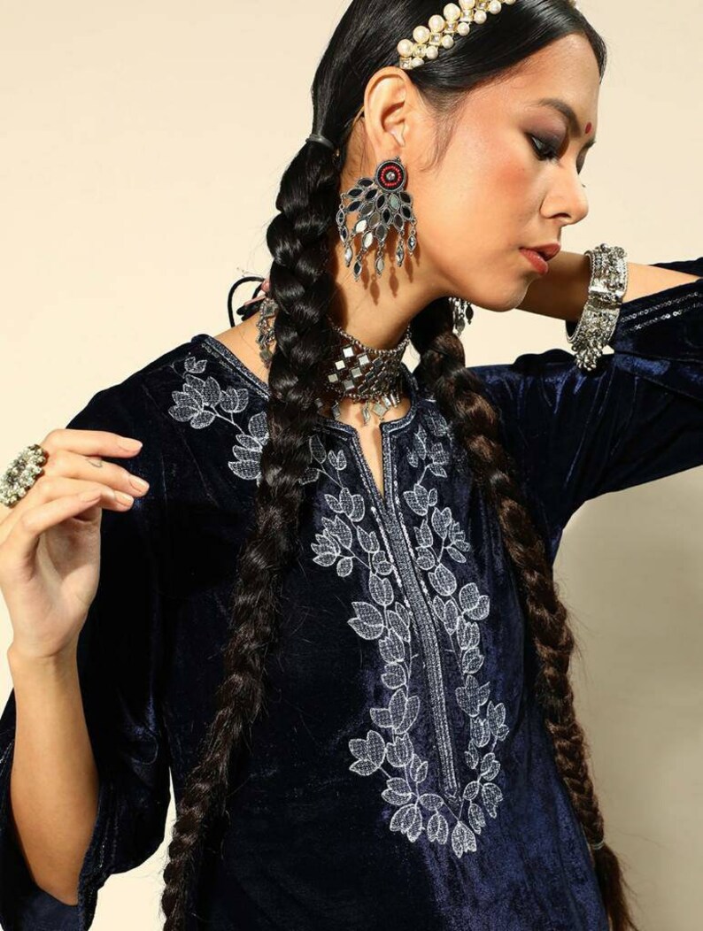 Velvet Kurta Set for Women Navy Blue Embroidered Solid Kurti - Etsy
