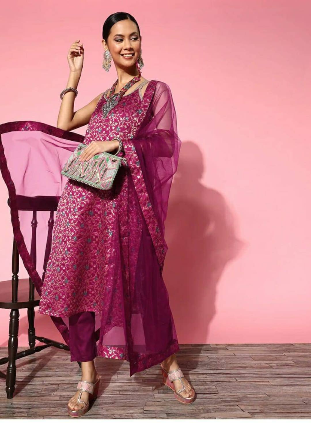 Party Wear Kurta Set Women Solid Silk Blend Ethereal Embroidery Kurta Set Indian Wedding Dress