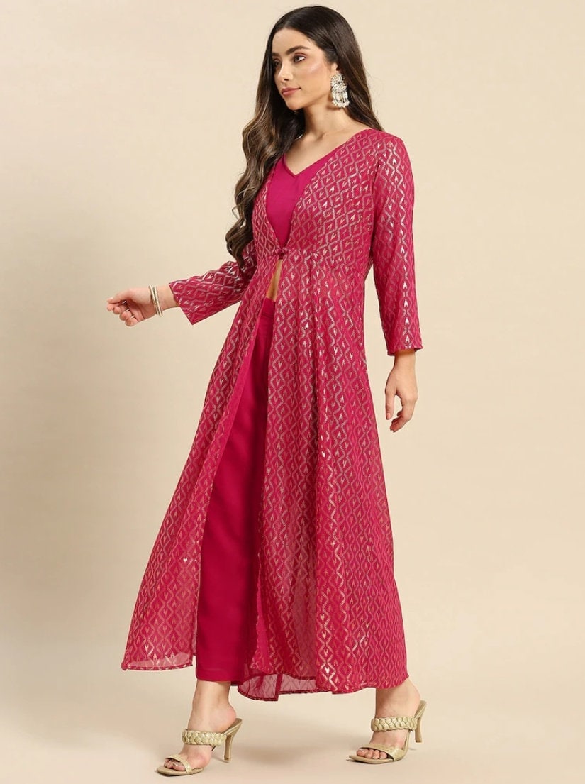 Party Wear Dress Magenta Self-design Top With Solid Palazzos Indo ...