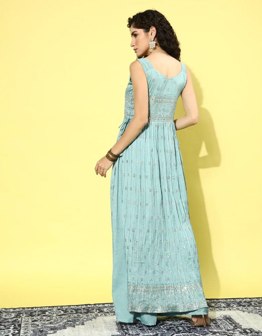 Indian Party Wear Dress for Women Turquoise Blue Embroidered Sleeveless ...