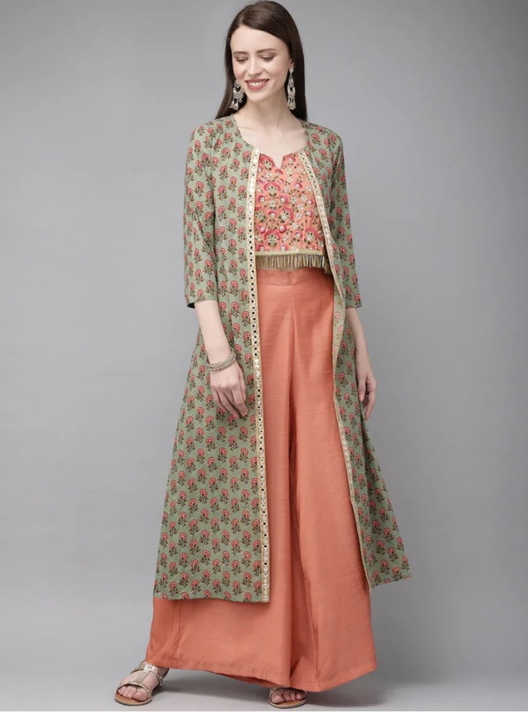 Party Wear Dress Peach Self-design Top With Solid Palazzos Indo Western ...