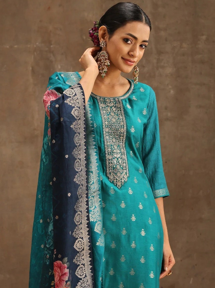 Silk Kurta Sets for Women - Teal Green Embroidered Pure Silk Kurta With ...