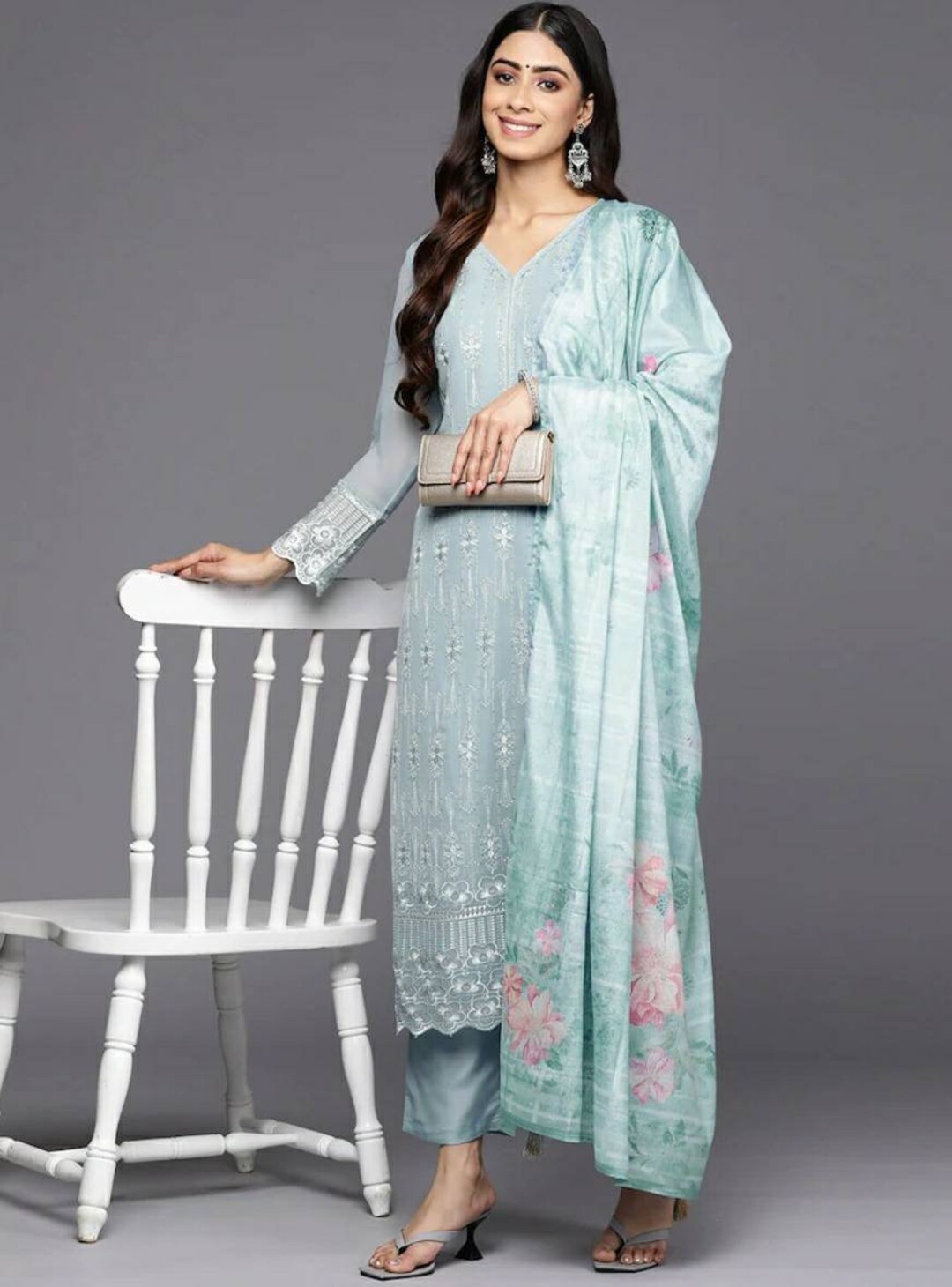 Indian Party Wear Dress for Women - Blue Embroidered Thread Kurta With ...
