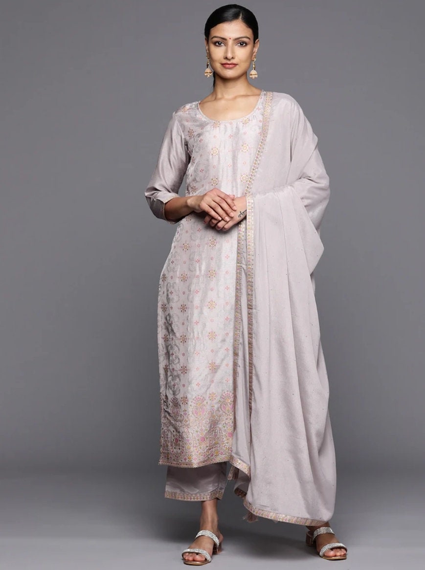 Indian Party Wear Dress for Women Grey Embroidered Silk Kurta With ...