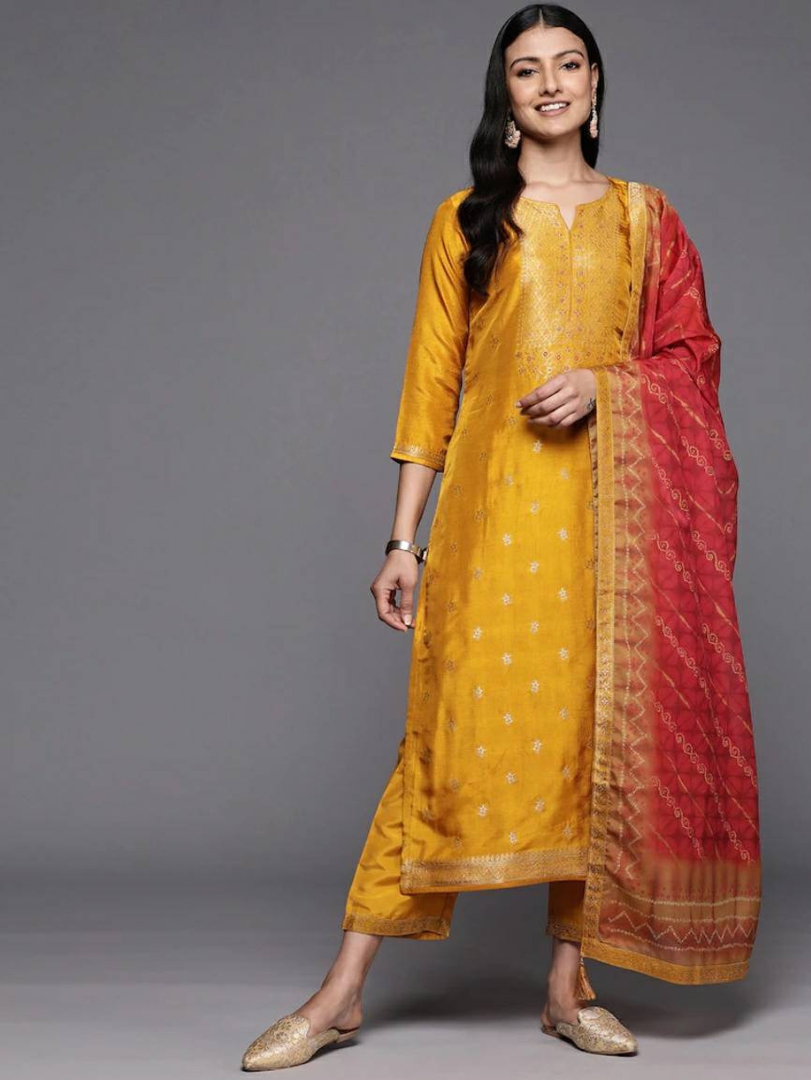 Silk Kurta Sets for Women Mustard Yellow Embroidered Silk Kurta With ...