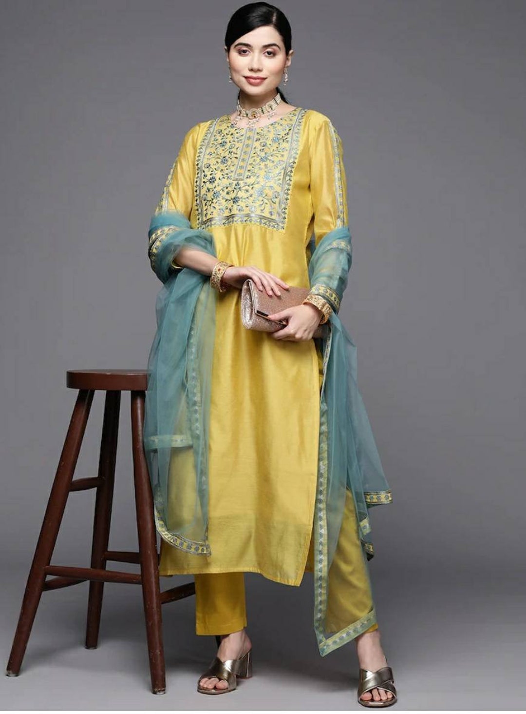 Indian Dress for Women - Yellow Ethnic Motifs Embroidered Kurta With ...