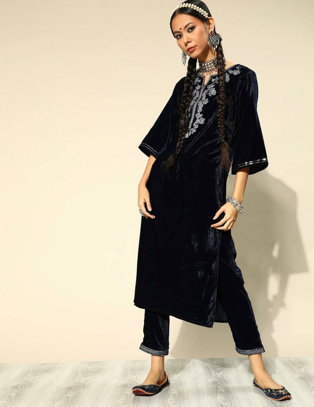 Velvet Kurta Set for Women | Navy Blue Embroidered Solid Kurti Dress ...