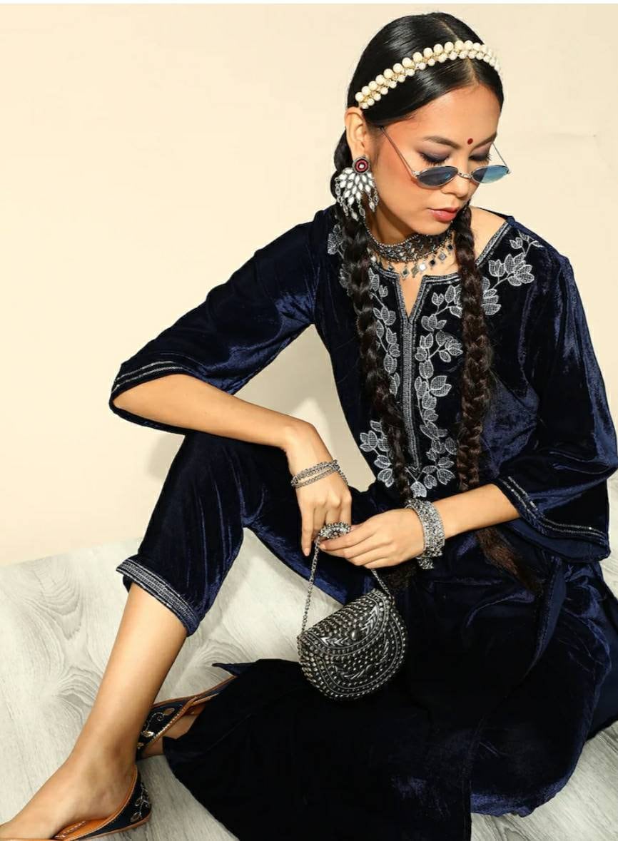 Velvet Kurta Set for Women Navy Blue Embroidered Solid Kurti - Etsy
