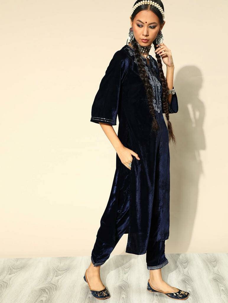 Velvet Kurta Set for Women Navy Blue Embroidered Solid Kurti - Etsy