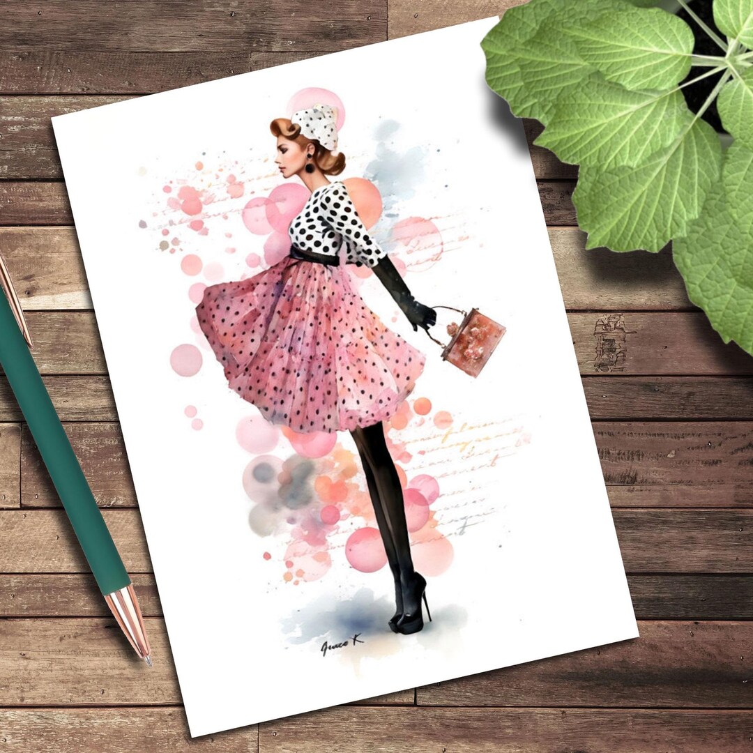Fashion Illustration Greeting Card, Polka Dot Dress, Blank Note Card - Etsy
