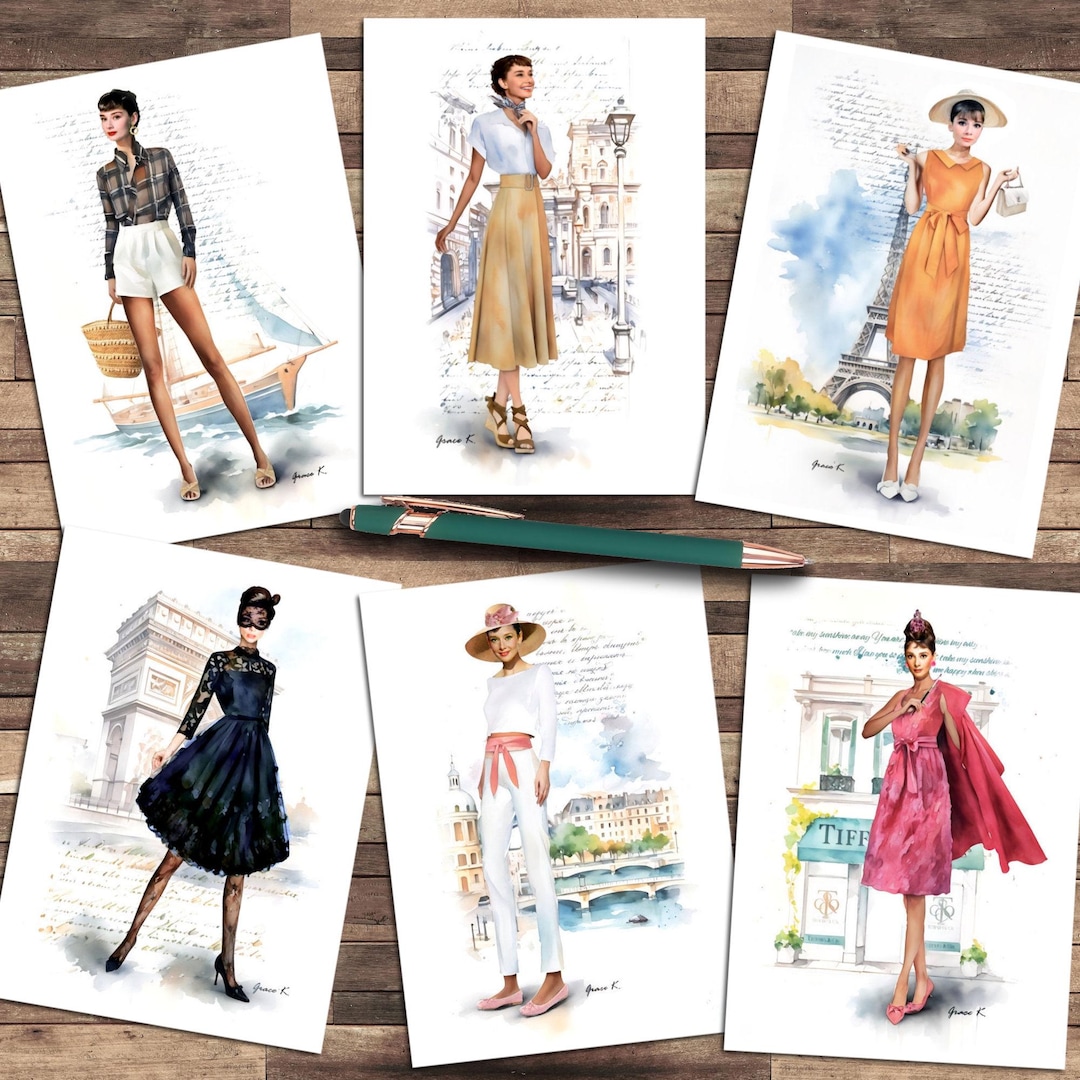 Audrey Hepburn Fashion Illustration Note Cards, Set of 6 - Etsy UK
