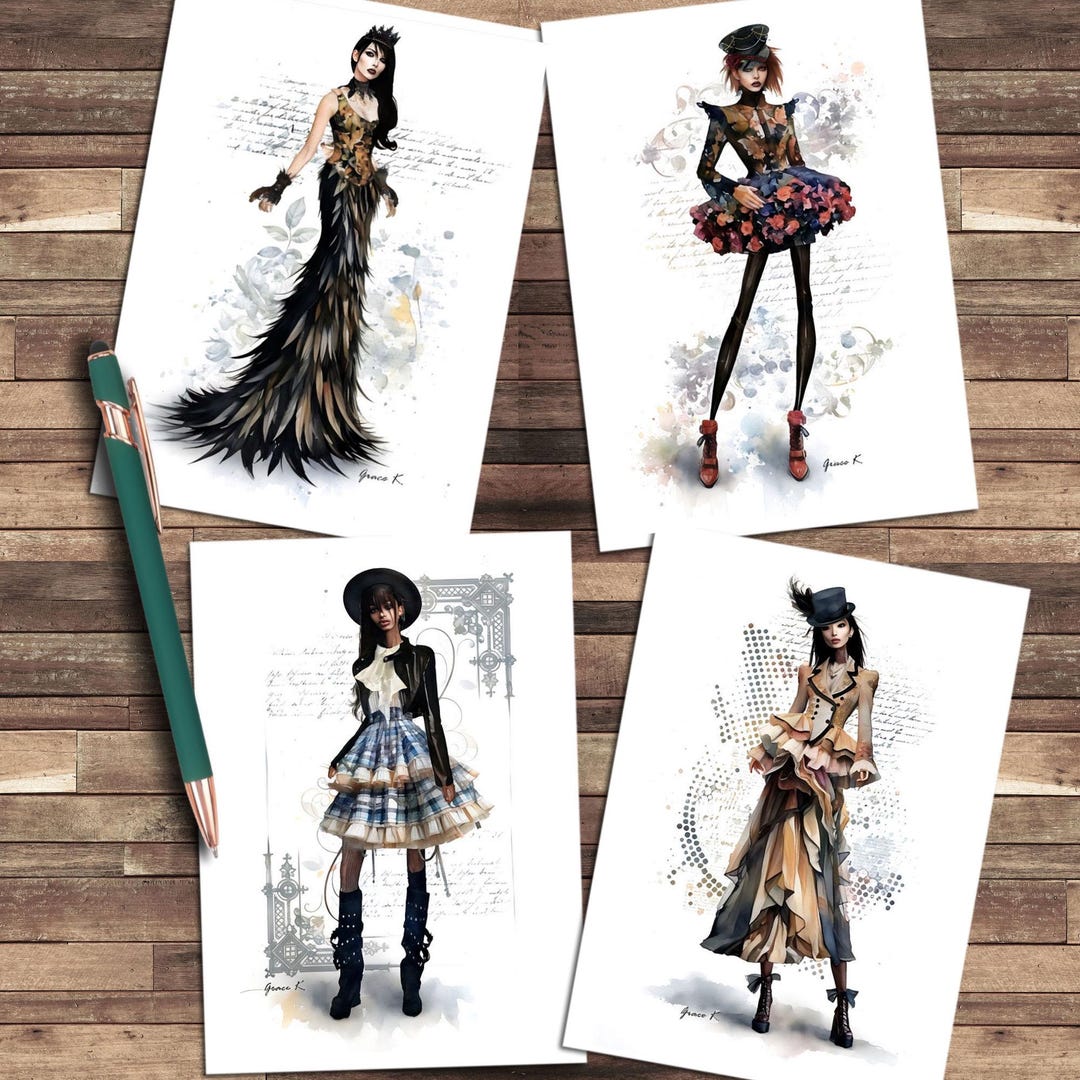 Gothic Fashion Illustration Note Cards, Blank Greeting Card Set - Etsy